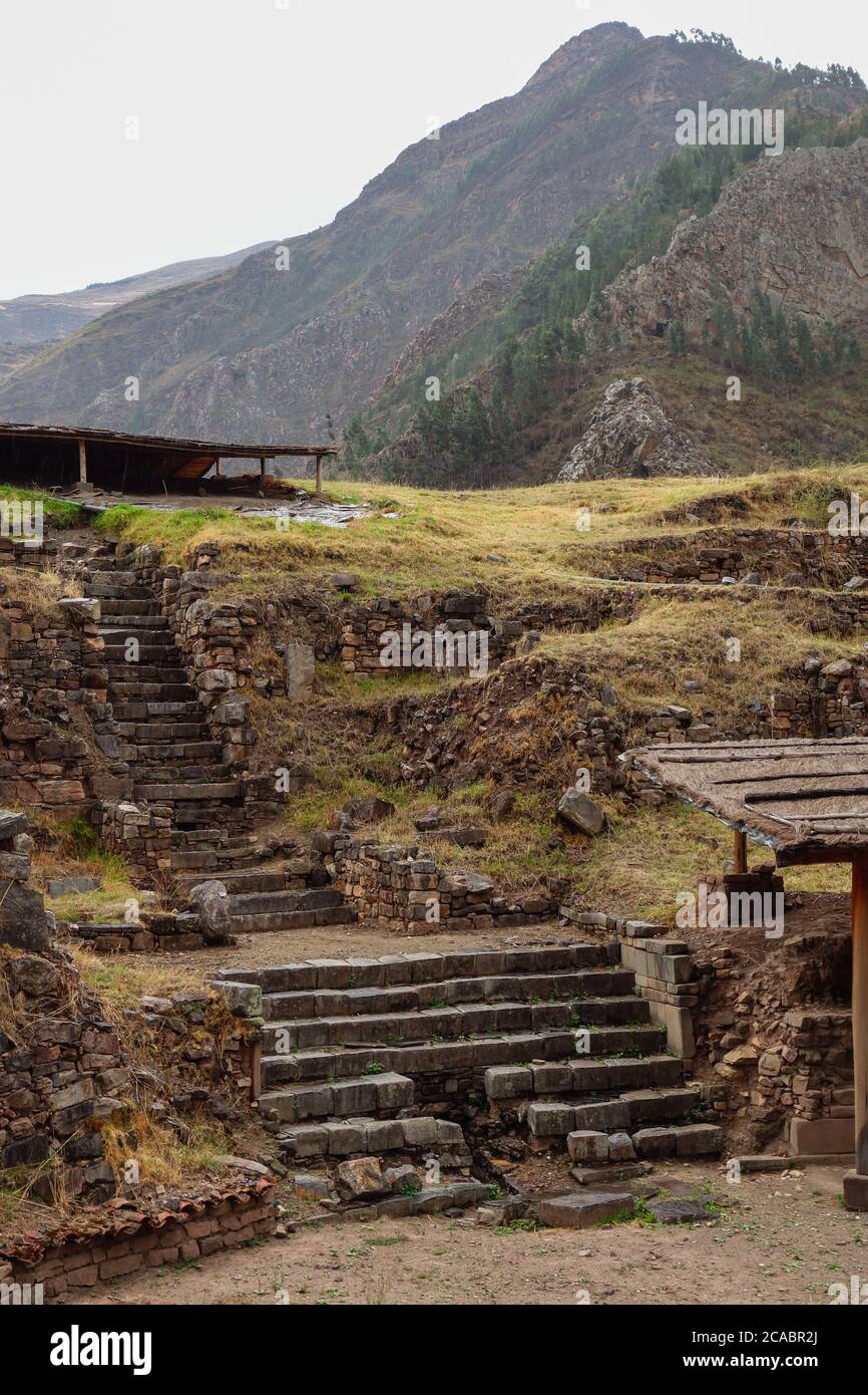 Sunny scenery of the Chavin de Huantar archaeological site in Peru ...
