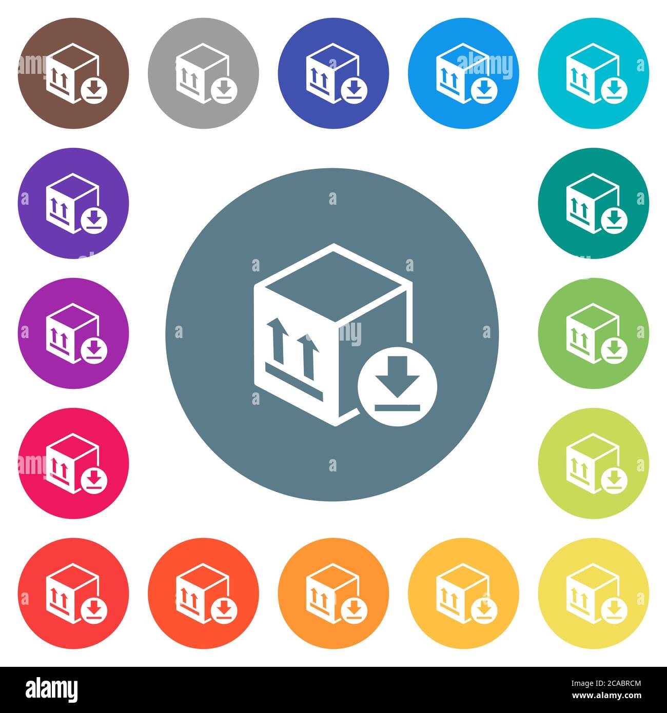 Package arrival flat white icons on round color backgrounds. 17 background color variations are ...