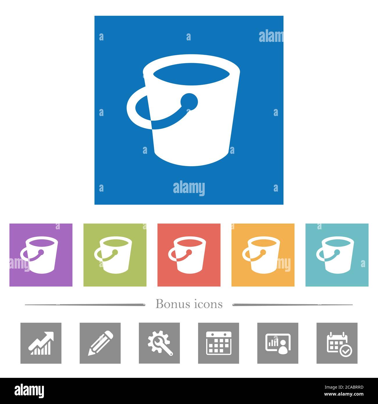 Bucket flat white icons in square backgrounds. 6 bonus icons included ...