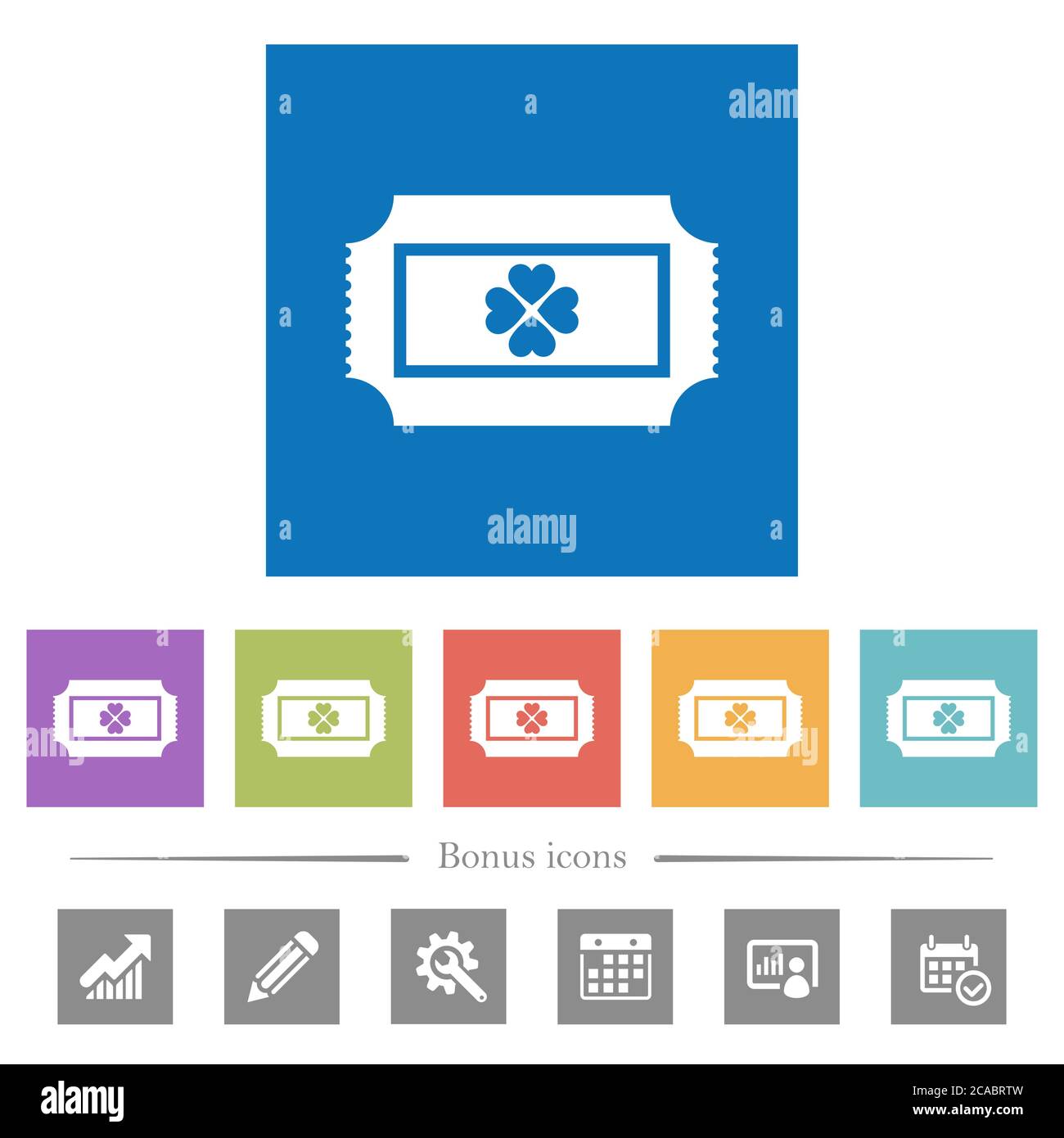 Lottery ticket flat white icons in square backgrounds. 6 bonus icons ...