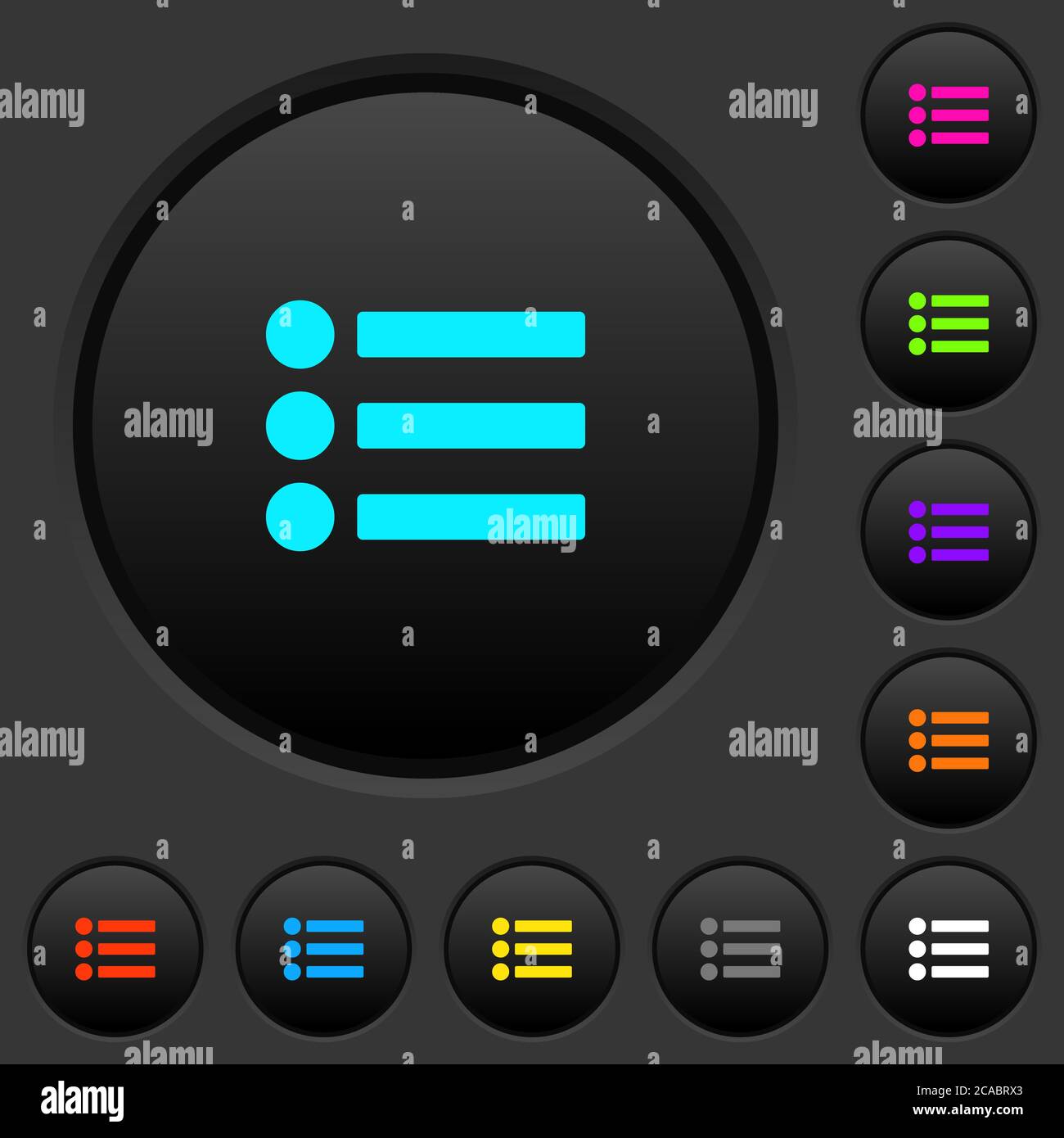 Bullet list dark push buttons with vivid color icons on dark grey ...