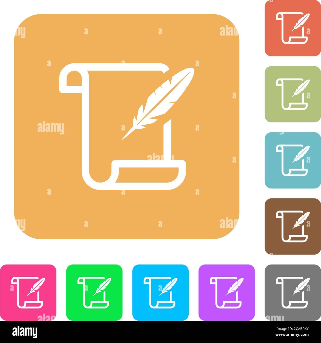 Paper scroll with feather flat icons on rounded square vivid color backgrounds Stock Vector ...
