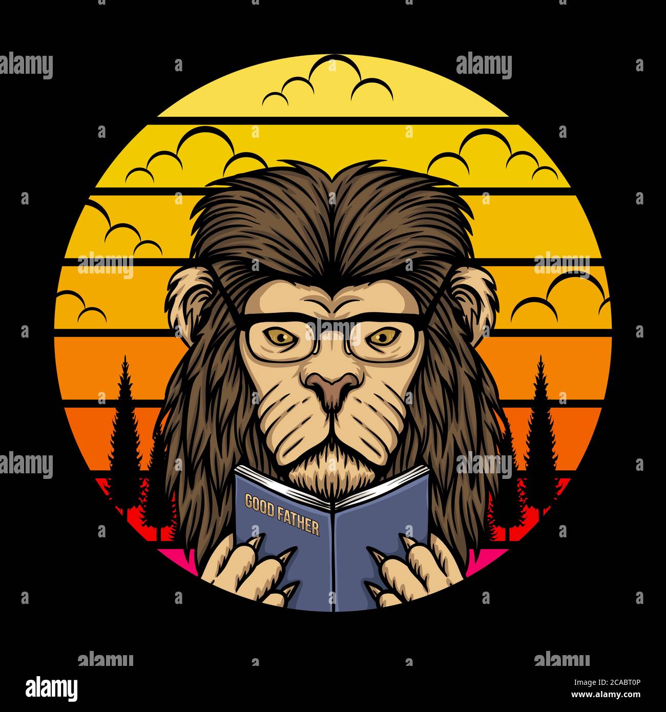 lion reading sunset retro vector illustration for your company or brand ...