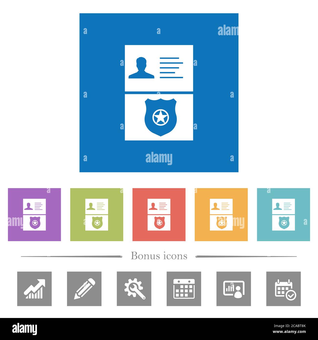 Police id and badge flat white icons in square backgrounds. 6 bonus ...