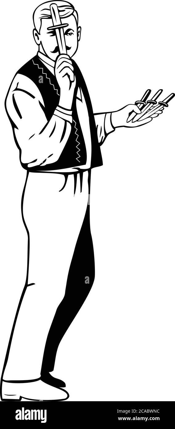 Retro style illustration of a circus knife thrower, knife throwing ...