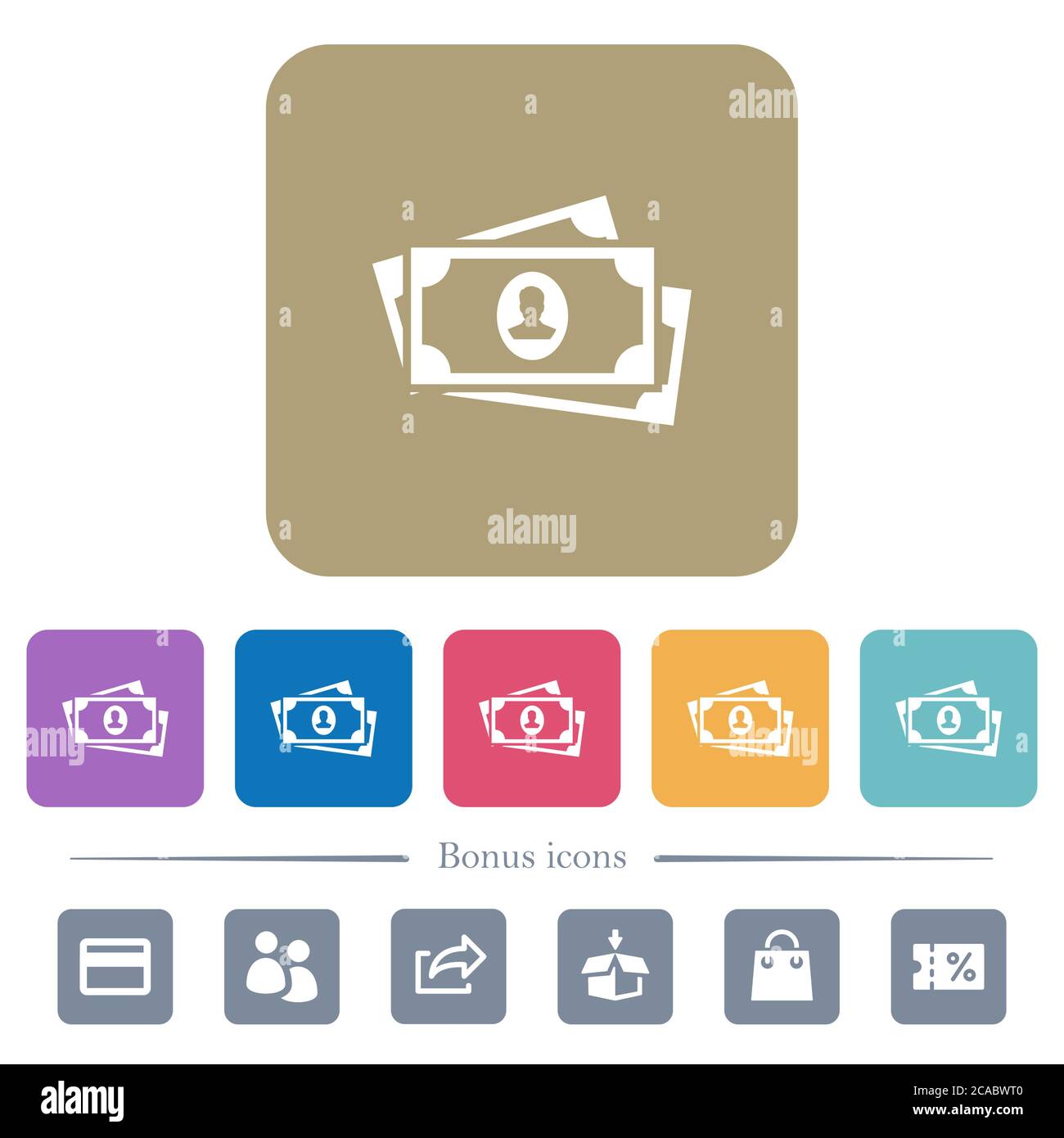 More banknotes with portrait white flat icons on color rounded square ...