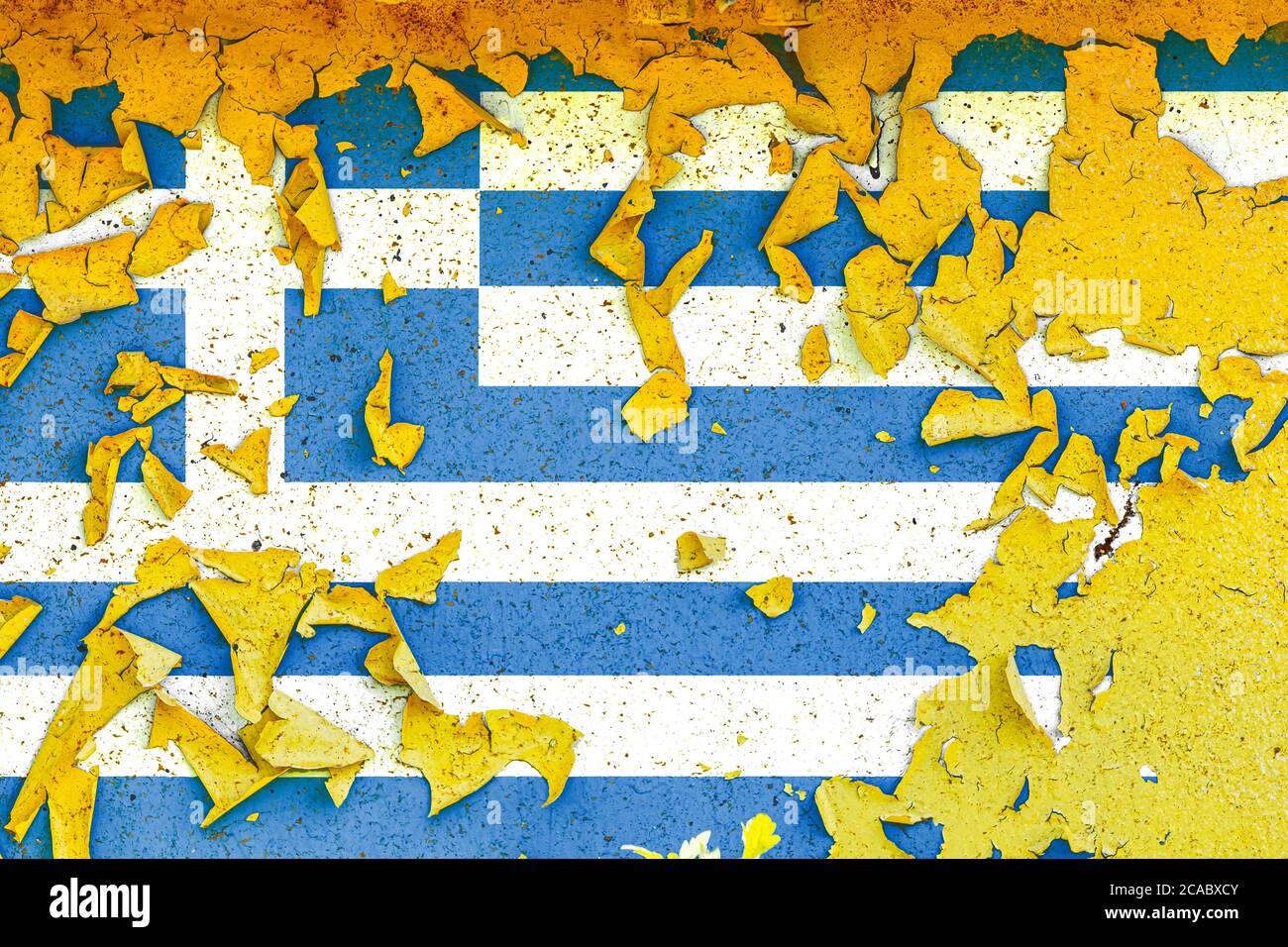 The national flag of Greece is painted on an old metal wall with ragged ...