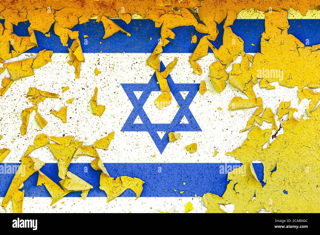 The national flag of Israel is painted on an old metal wall with ragged ...