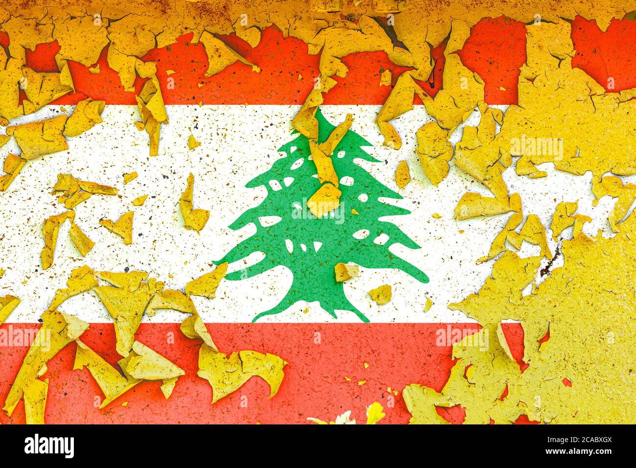 The national flag of Lebanon is painted on an old metal wall with ...