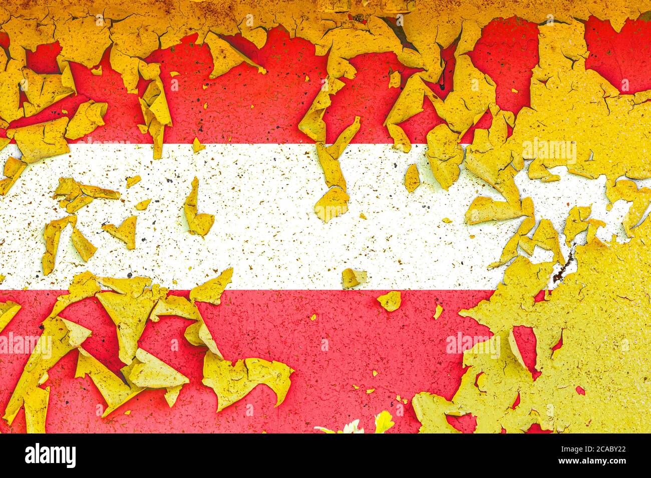 The national flag of Austria is painted on an old metal wall with ...