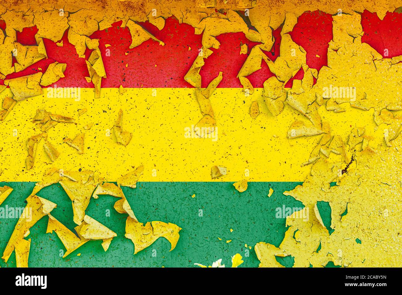The national flag of Bolivia is painted on an old metal wall with ...