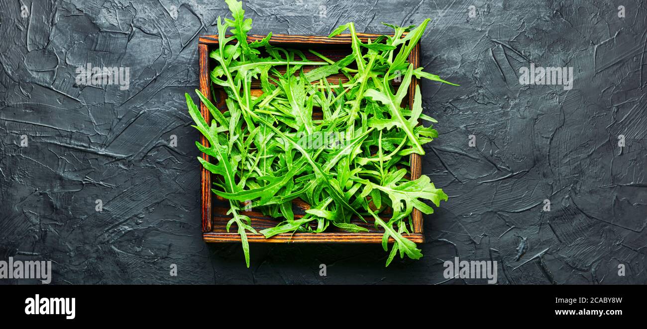 Heap of green fresh rucola or arugula leaf in wooden box.Fresh arugula ...