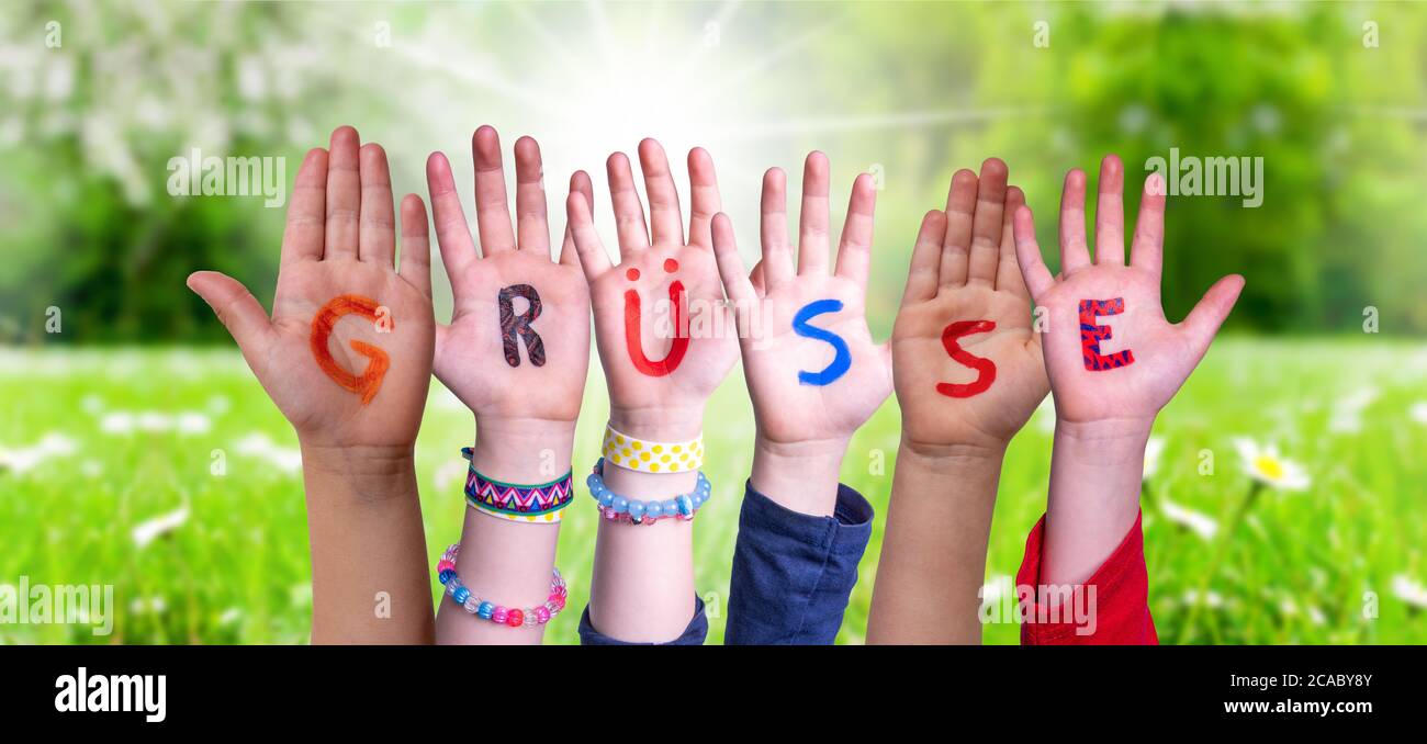 Children Hands Building Word Gruesse Means Greetings, Grass Meadow ...