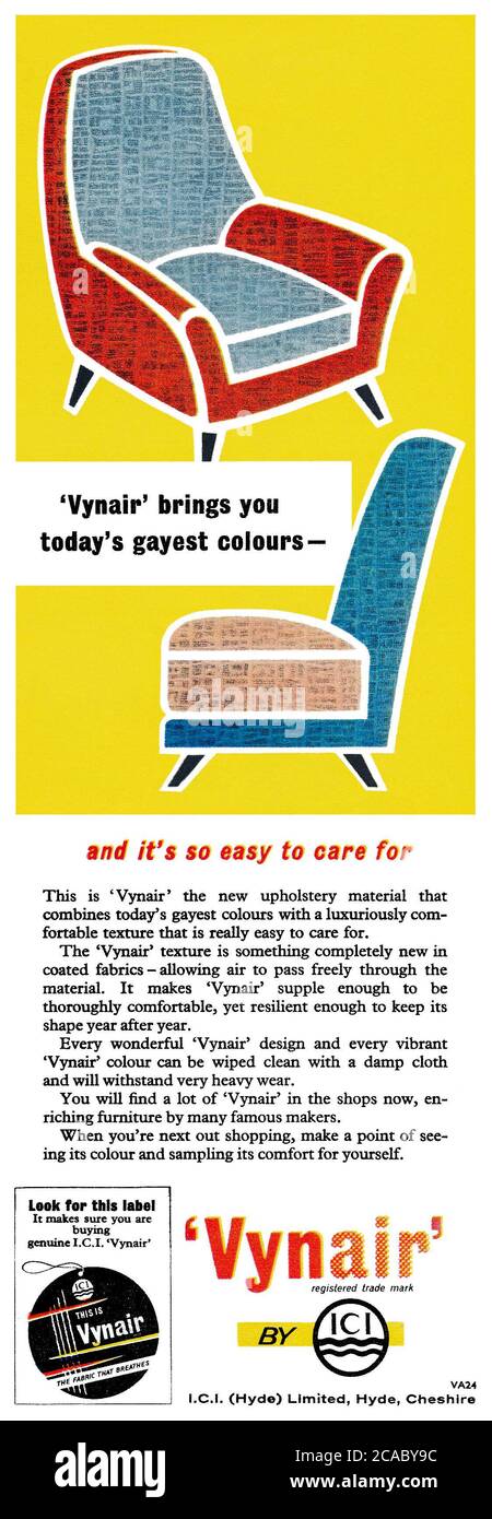 1961 British advertisement for Vynair upholstery material from ICI ...