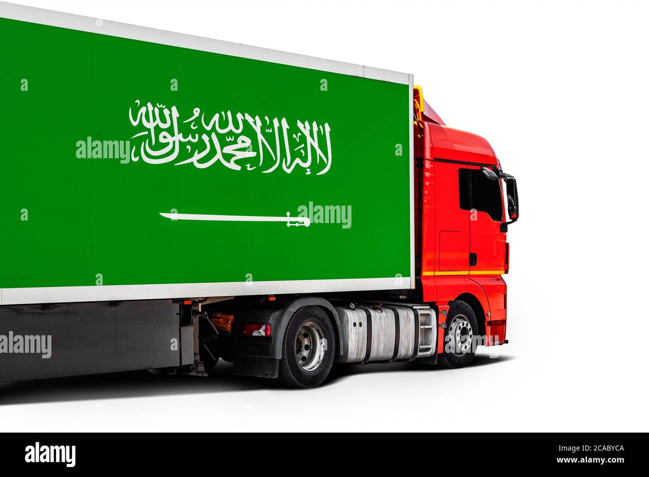 Big truck with the national flag of Saudi Arabia on white isolated ...
