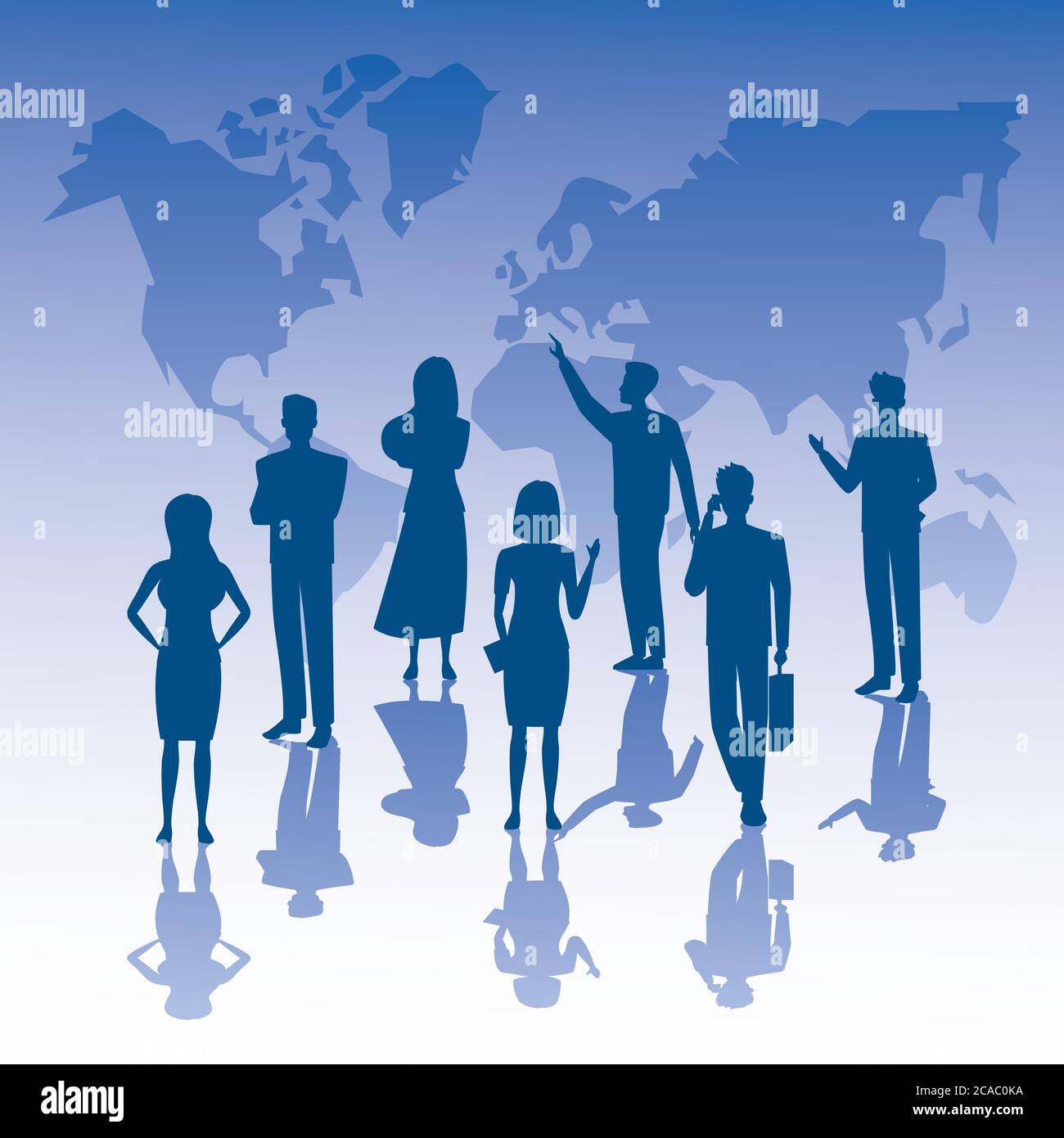 group of business people teamwork silhouettes and earth planet maps ...