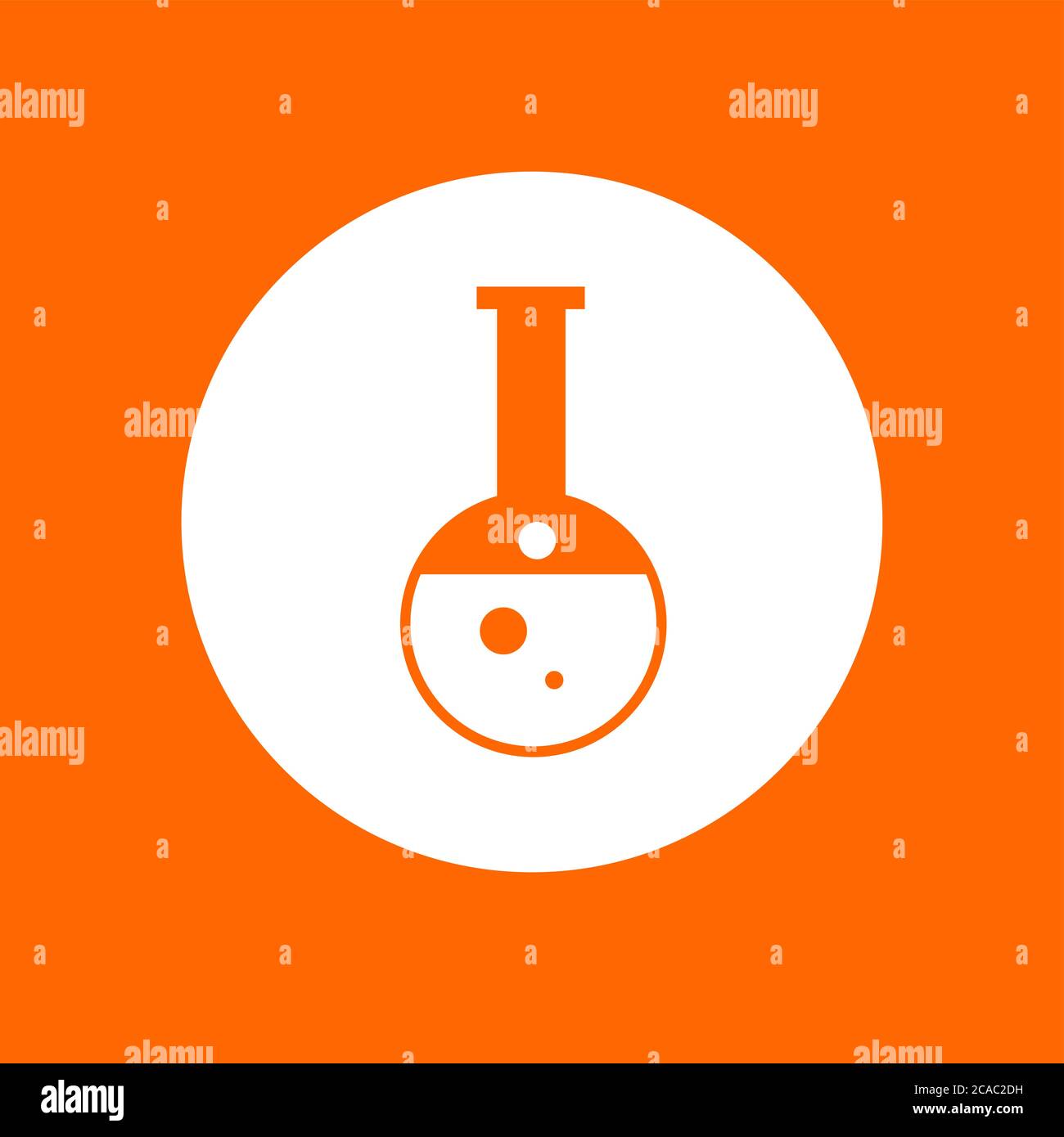 Chemical flask symbol icon. In white circle on a orange background ...