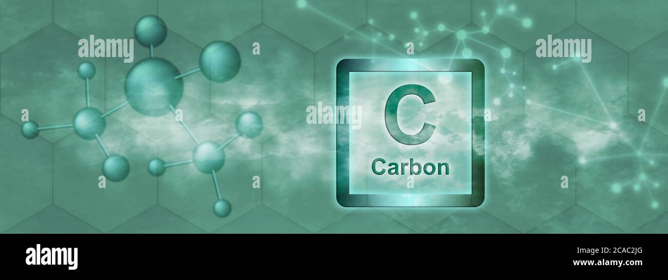 C symbol. Carbon chemical element with molecule and network on green ...