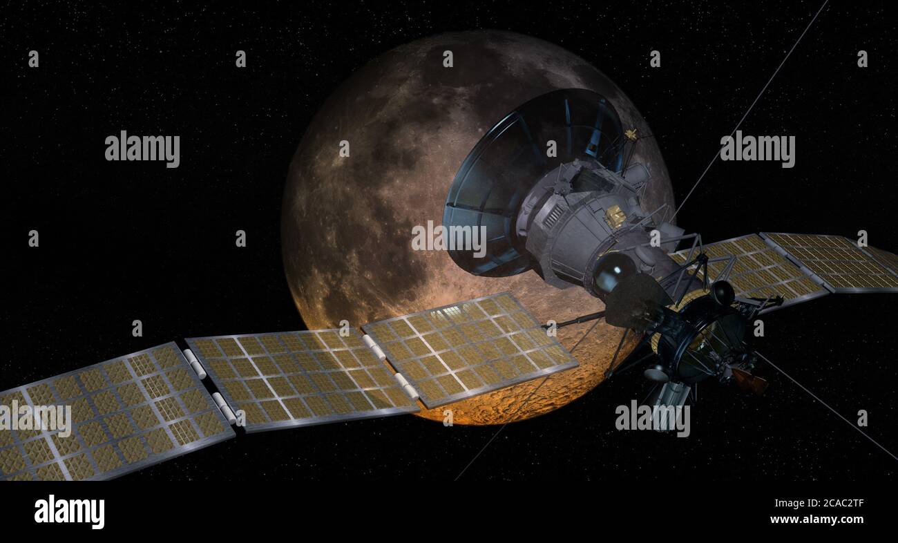 3D rendering od space satellite and the moon on black starry sky ...