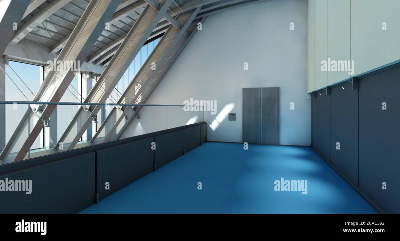 3d render of a modern hallway with the metal ceiling and big windows ...