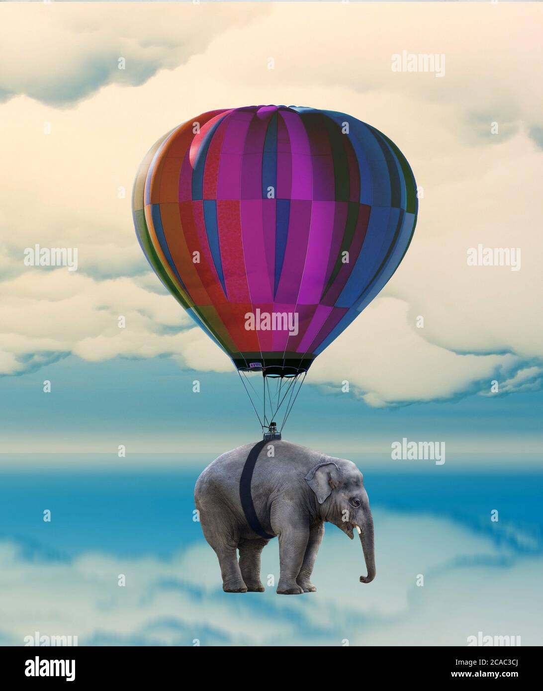 3d render of a colorful balloon carrying an elephant in the cloudy sky ...