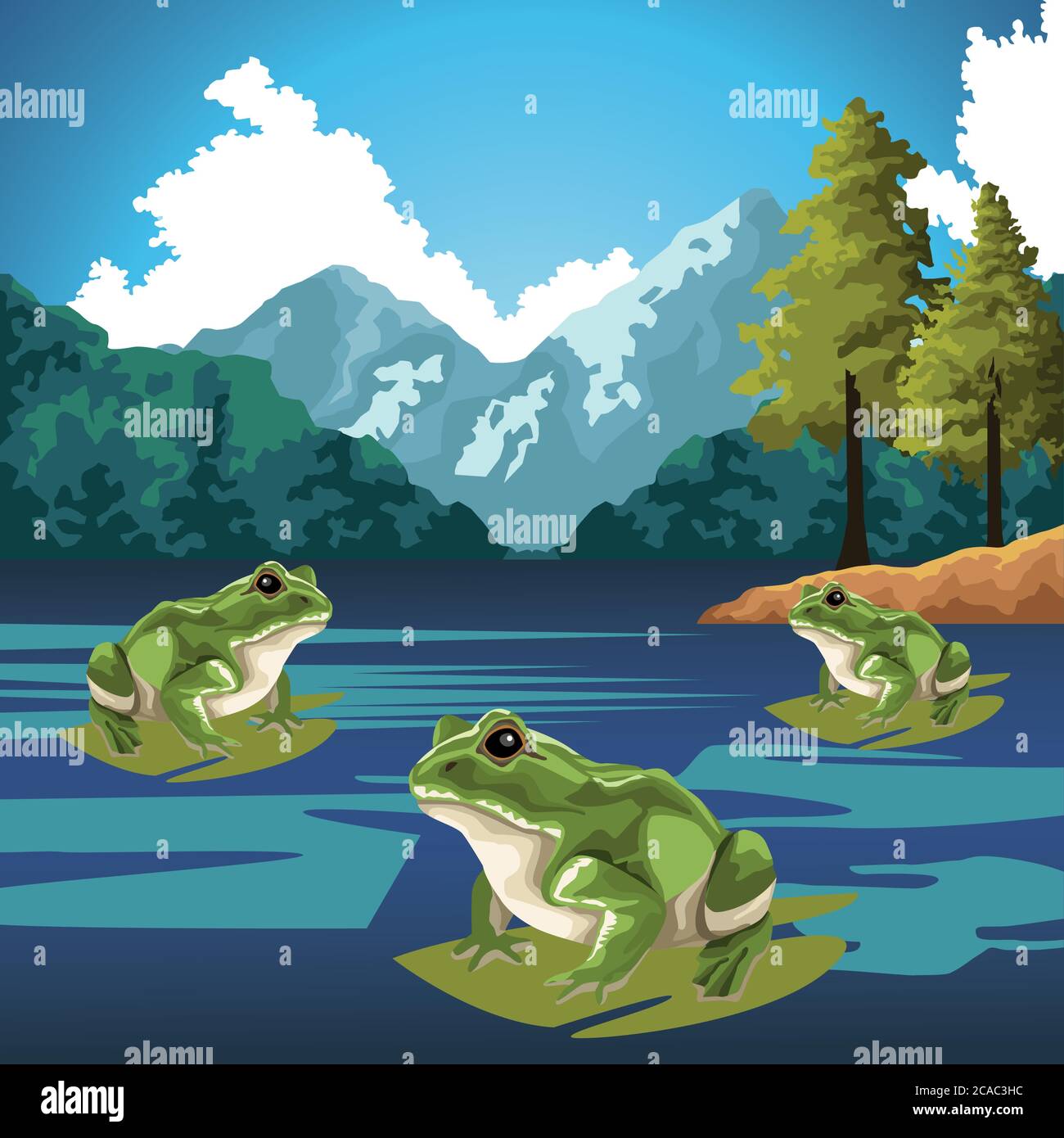frogs animals in the lake landscape scene vector illustration design ...