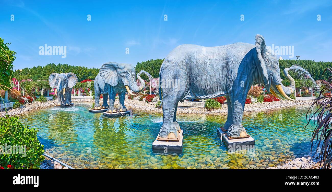 DUBAI, UAE - MARCH 5, 2020: Panorama of the shallow pond with large ...