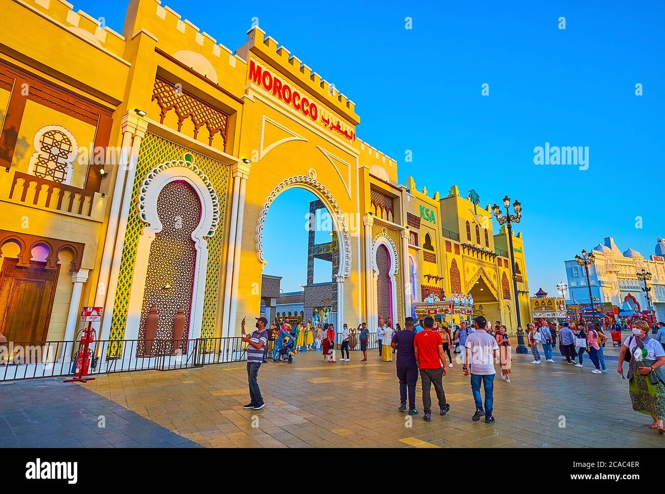 DUBAI, UAE - MARCH 5, 2020: The Arabic style portal of Morocco pavilion ...