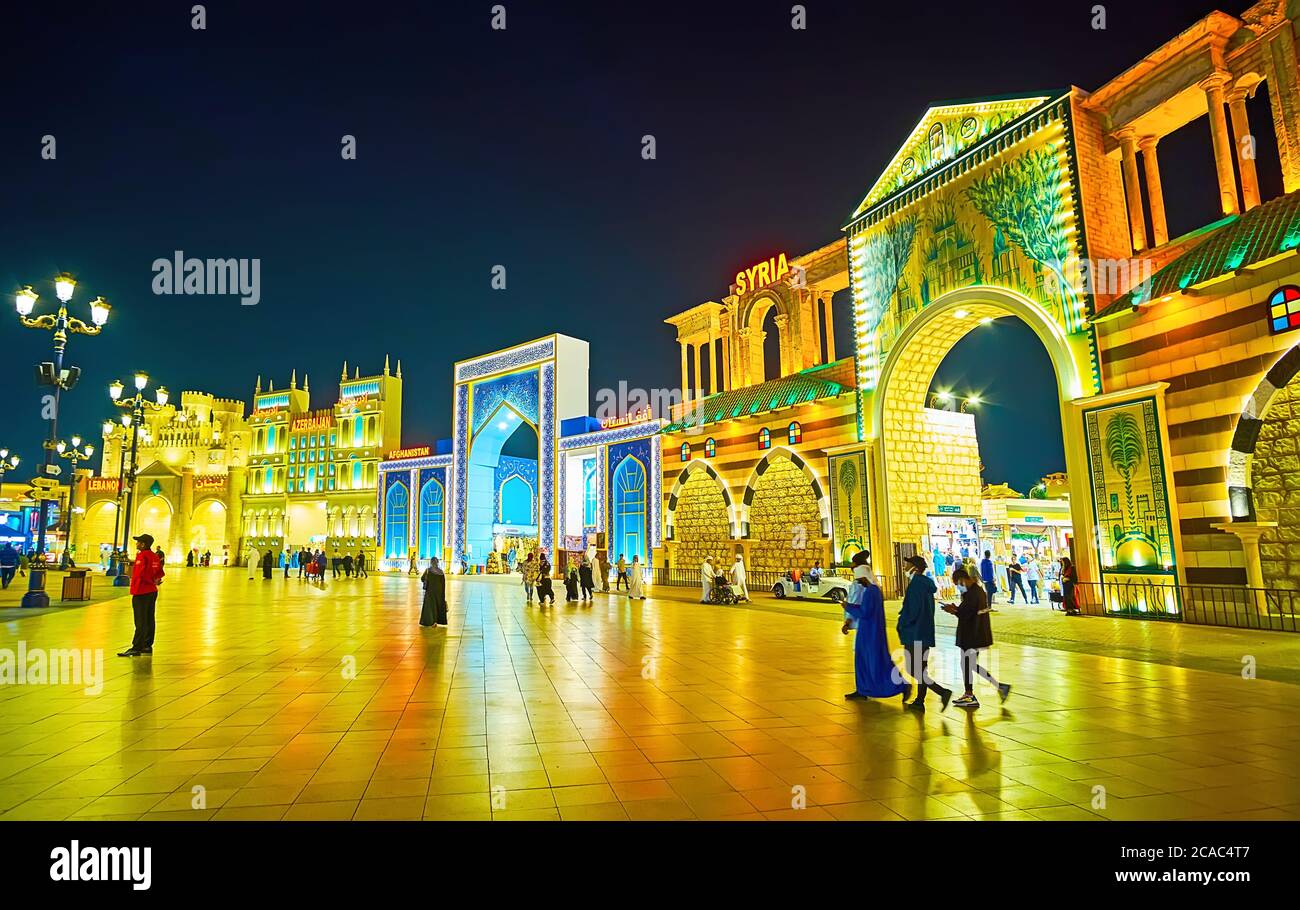 DUBAI, UAE - MARCH 5, 2020: Each pavilion of Global Village Dubai is ...