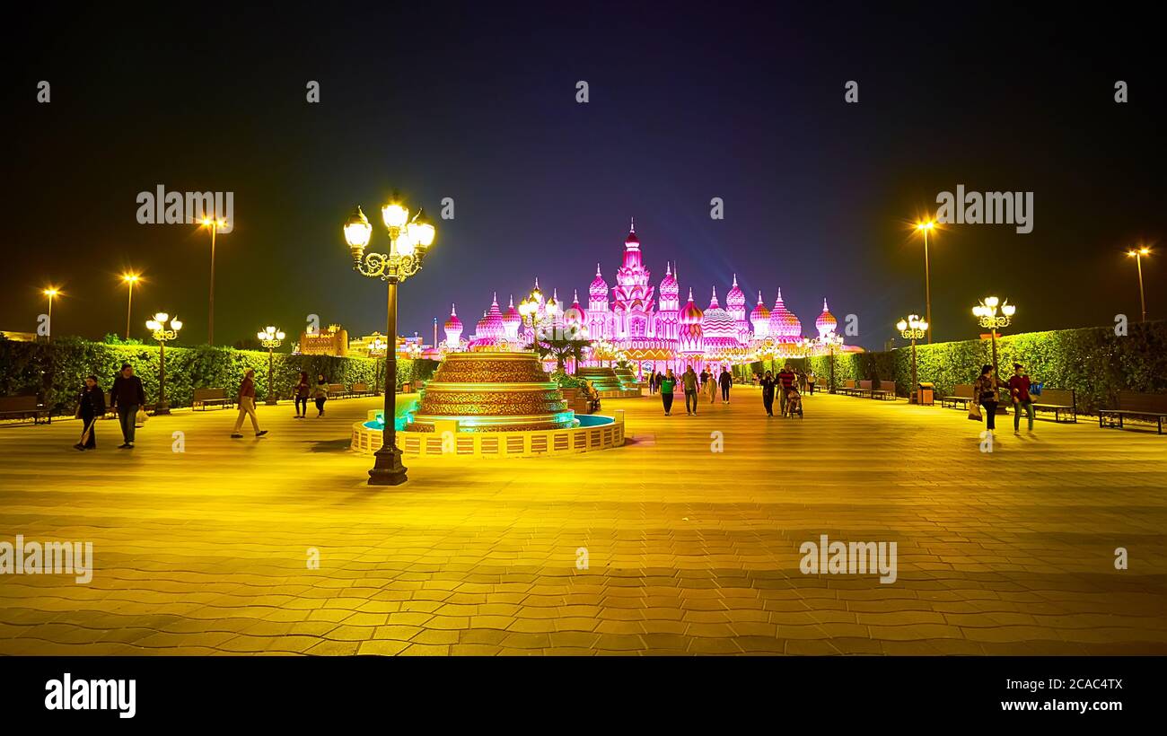 DUBAI, UAE - MARCH 5, 2020: The alley of topiary park leads to the ...