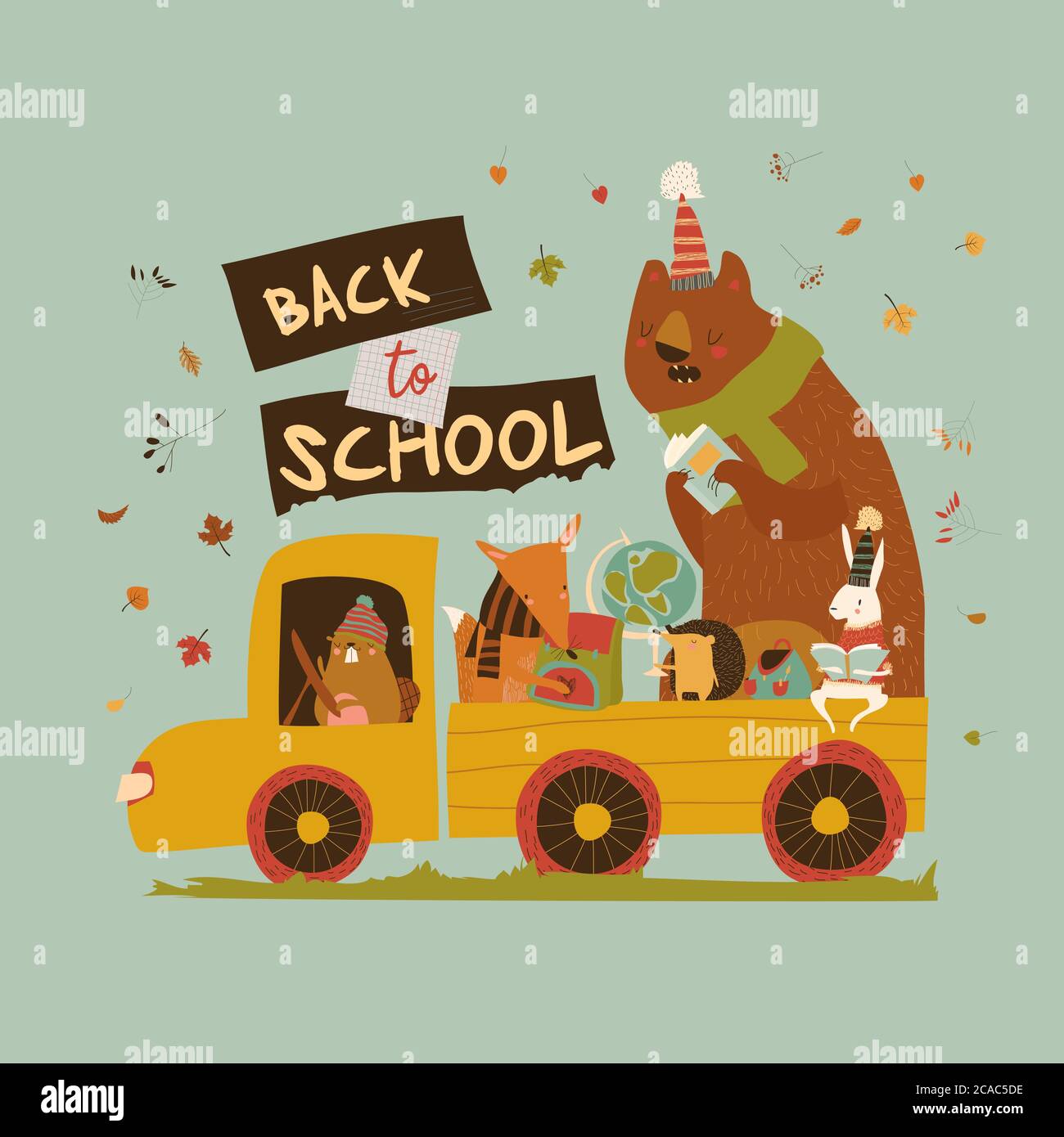 Happy cartoon animals going to the school by car Stock Vector Image ...