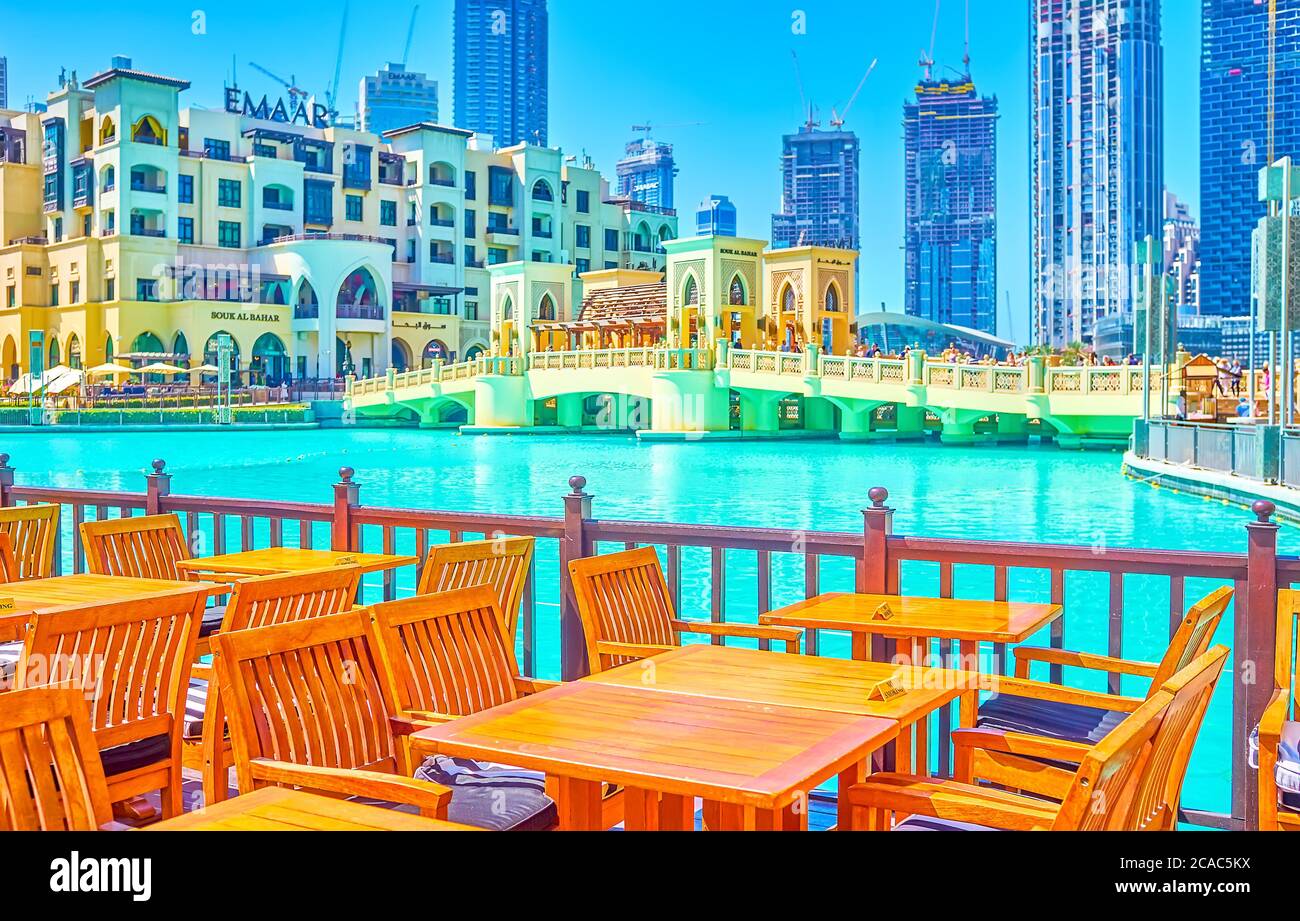 DUBAI, UAE - MARCH 3, 2020: The outdoor terrace of the restaurant ...