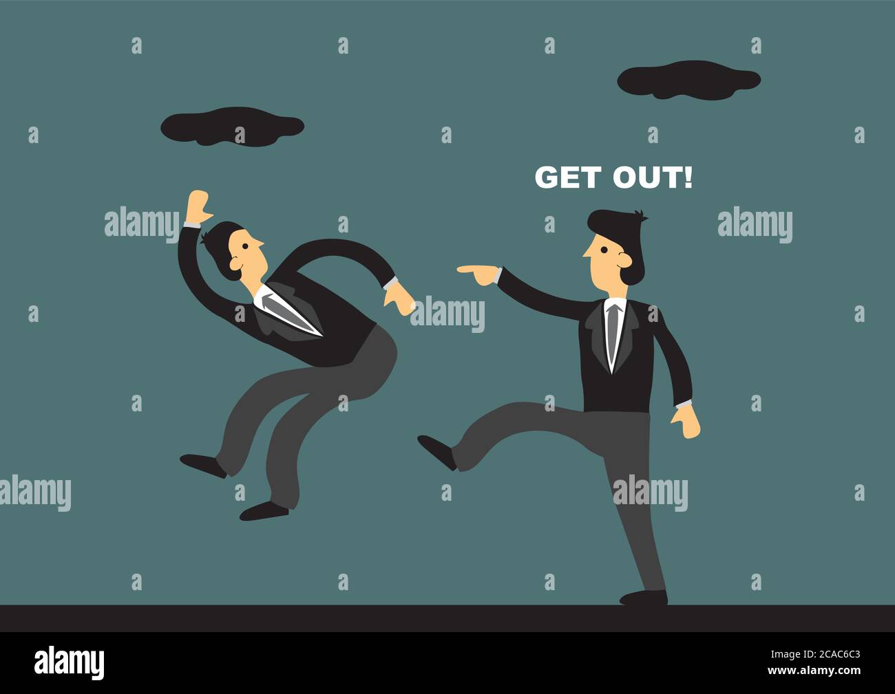 Cartoon businessman kicking the butt of employee and shouts Get Out ...