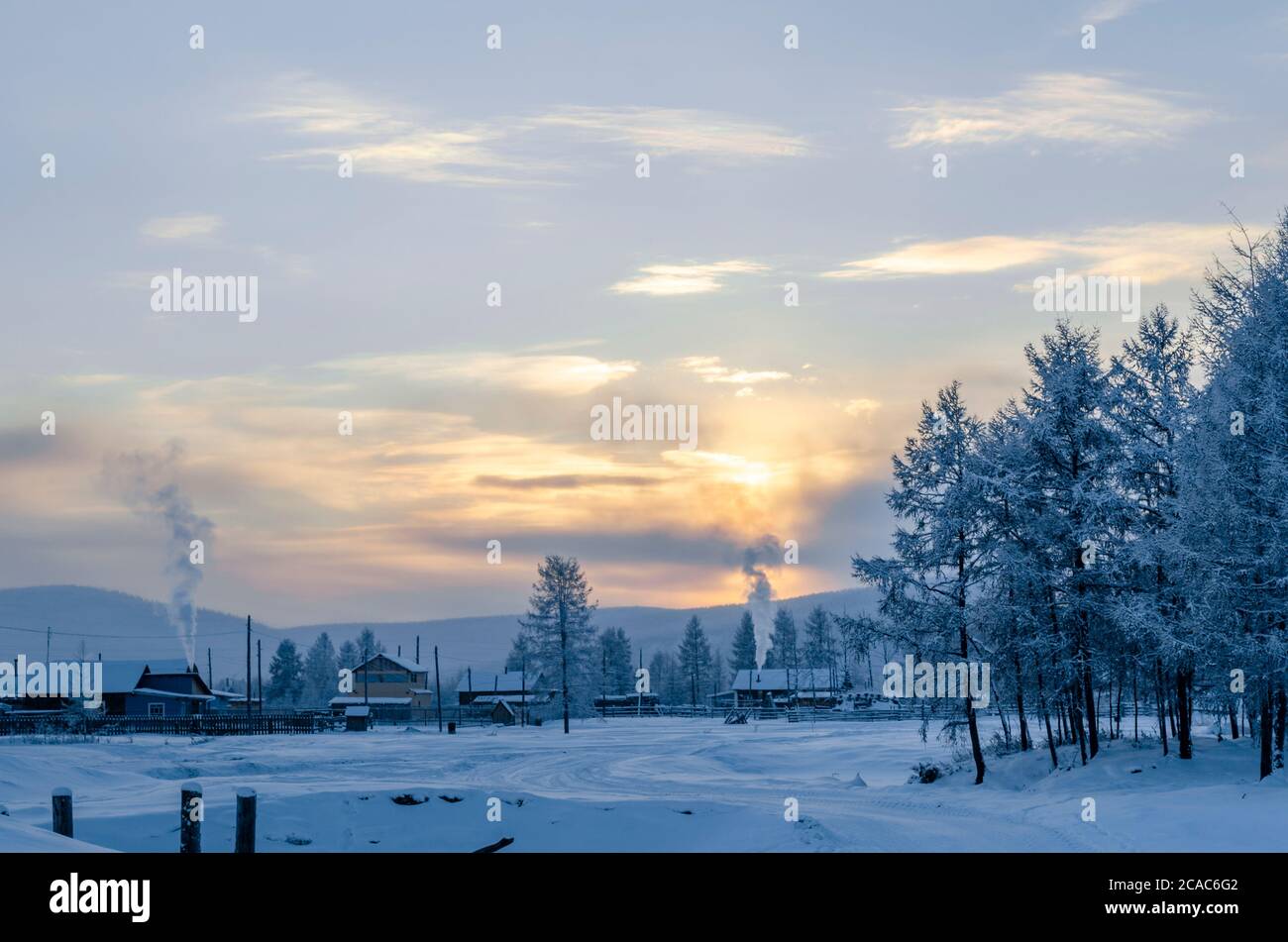 Winter sunset in one of the coldest places on earth, in the village ...