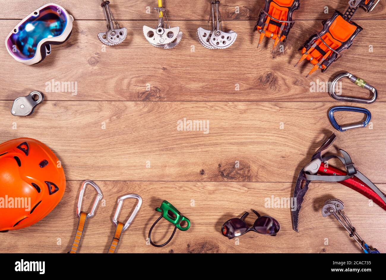 Climbing adventure equipment flat lay view. Top view of extreme ...