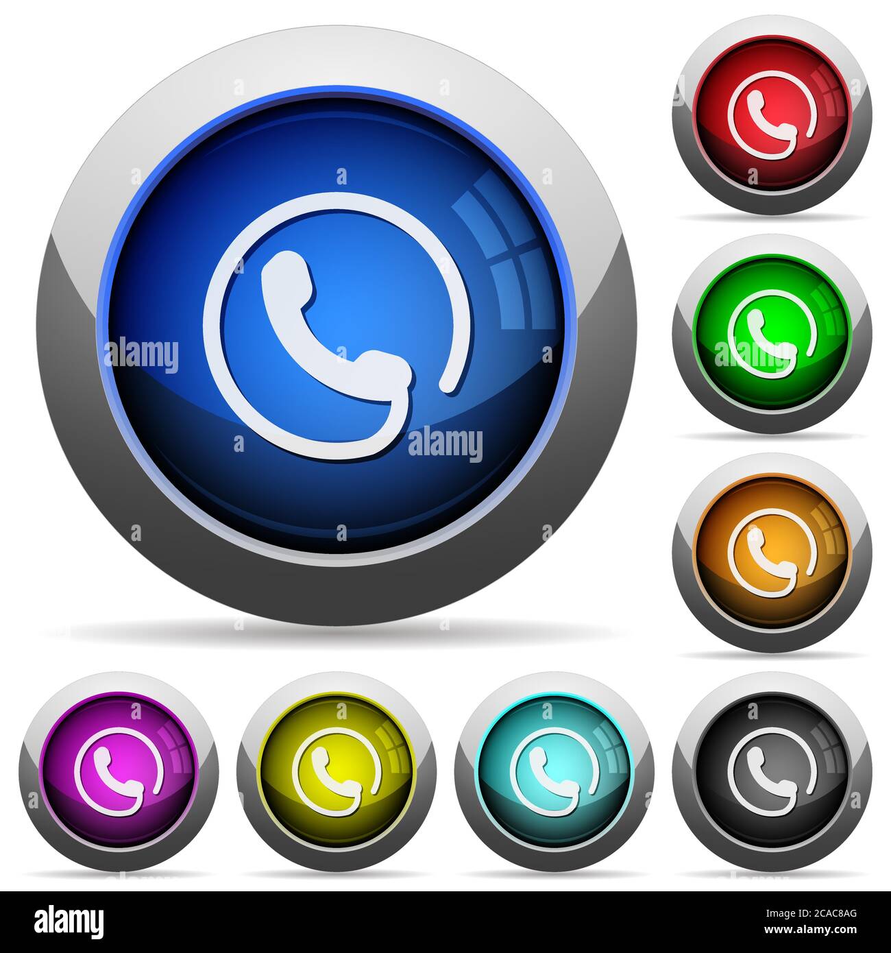 Hotline icons in round glossy buttons with steel frames in several ...