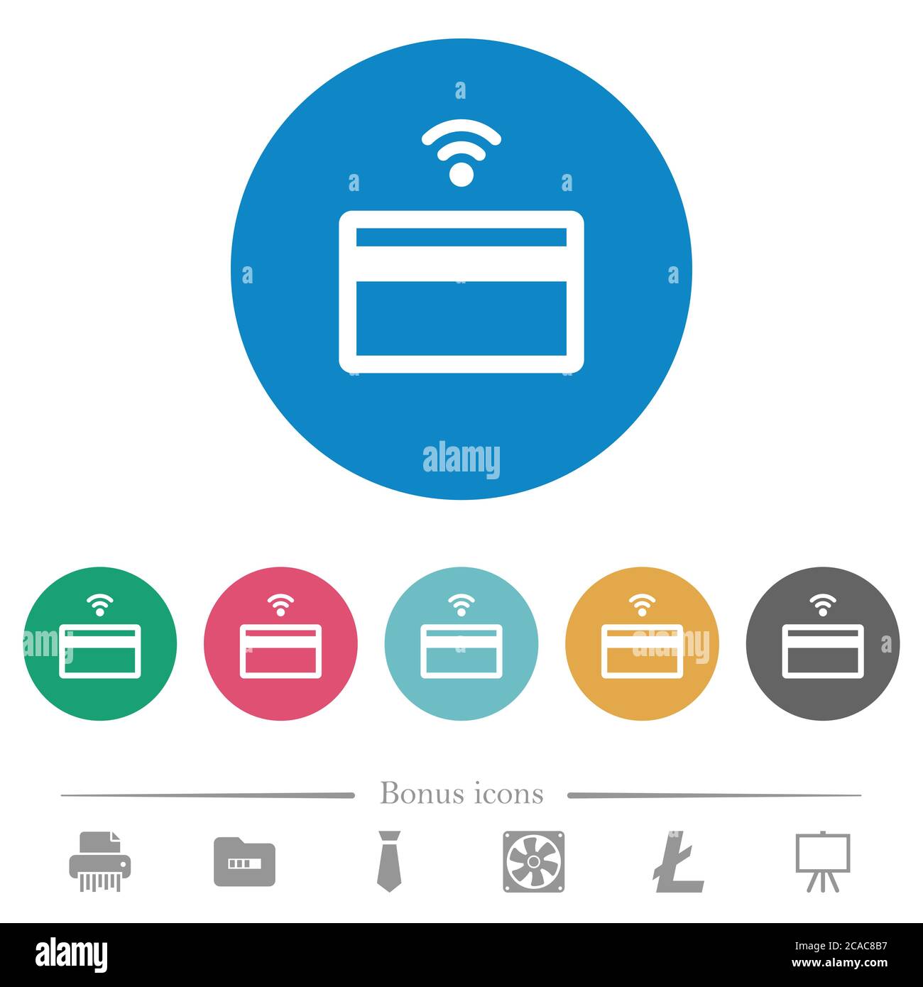Contactless credit card flat white icons on round color backgrounds. 6 ...