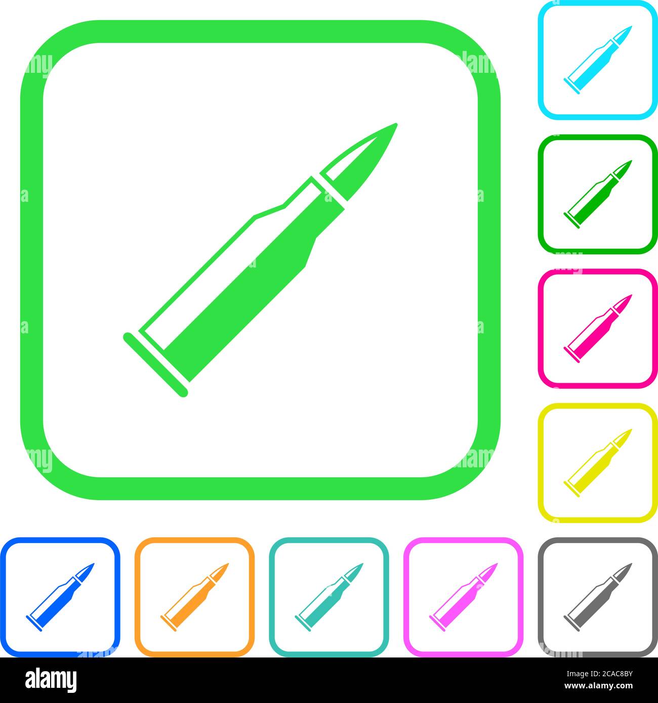 Bullet rifle ammo with gloss vivid colored flat icons in curved borders ...