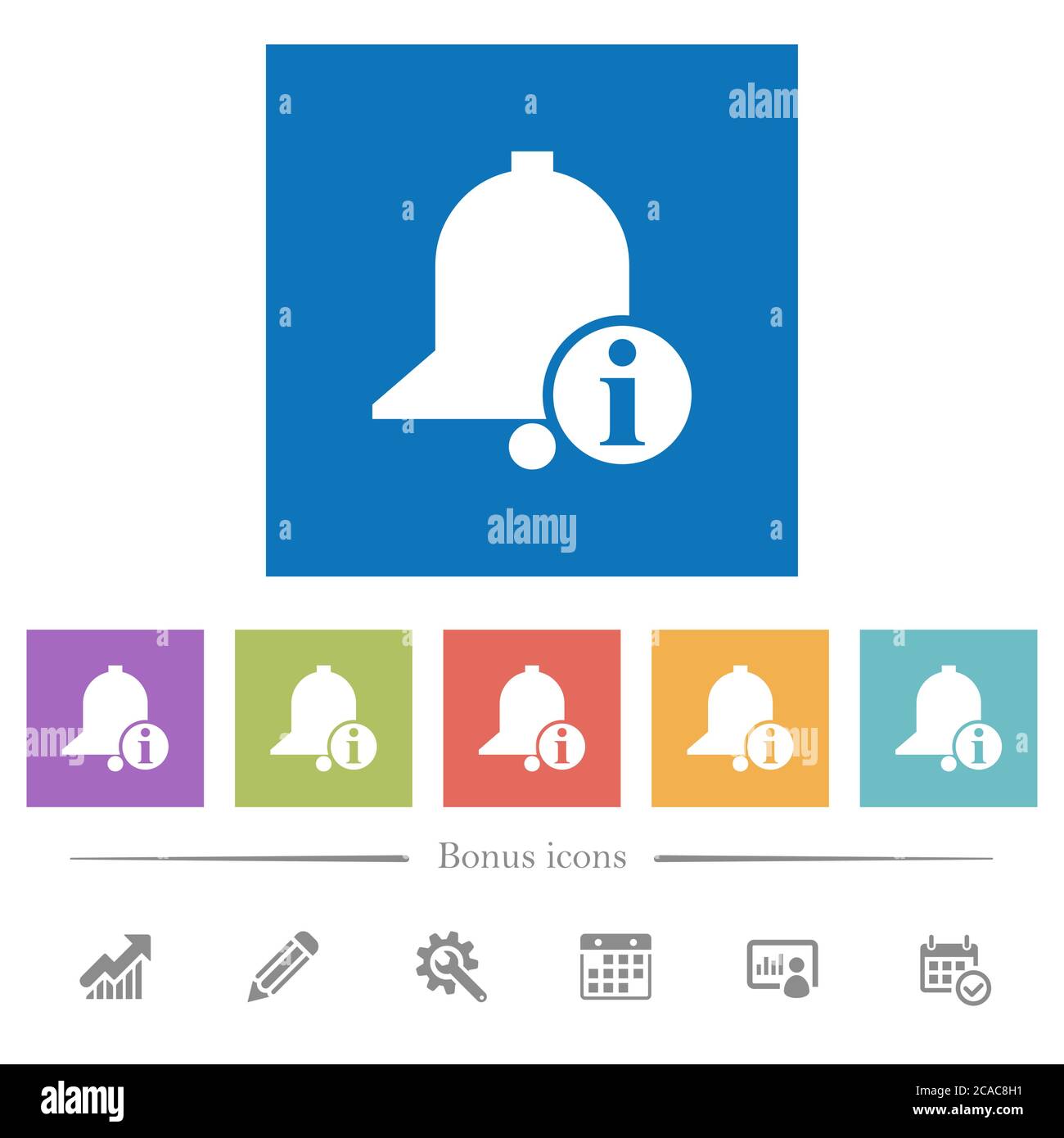 Reminder info flat white icons in square backgrounds. 6 bonus icons ...