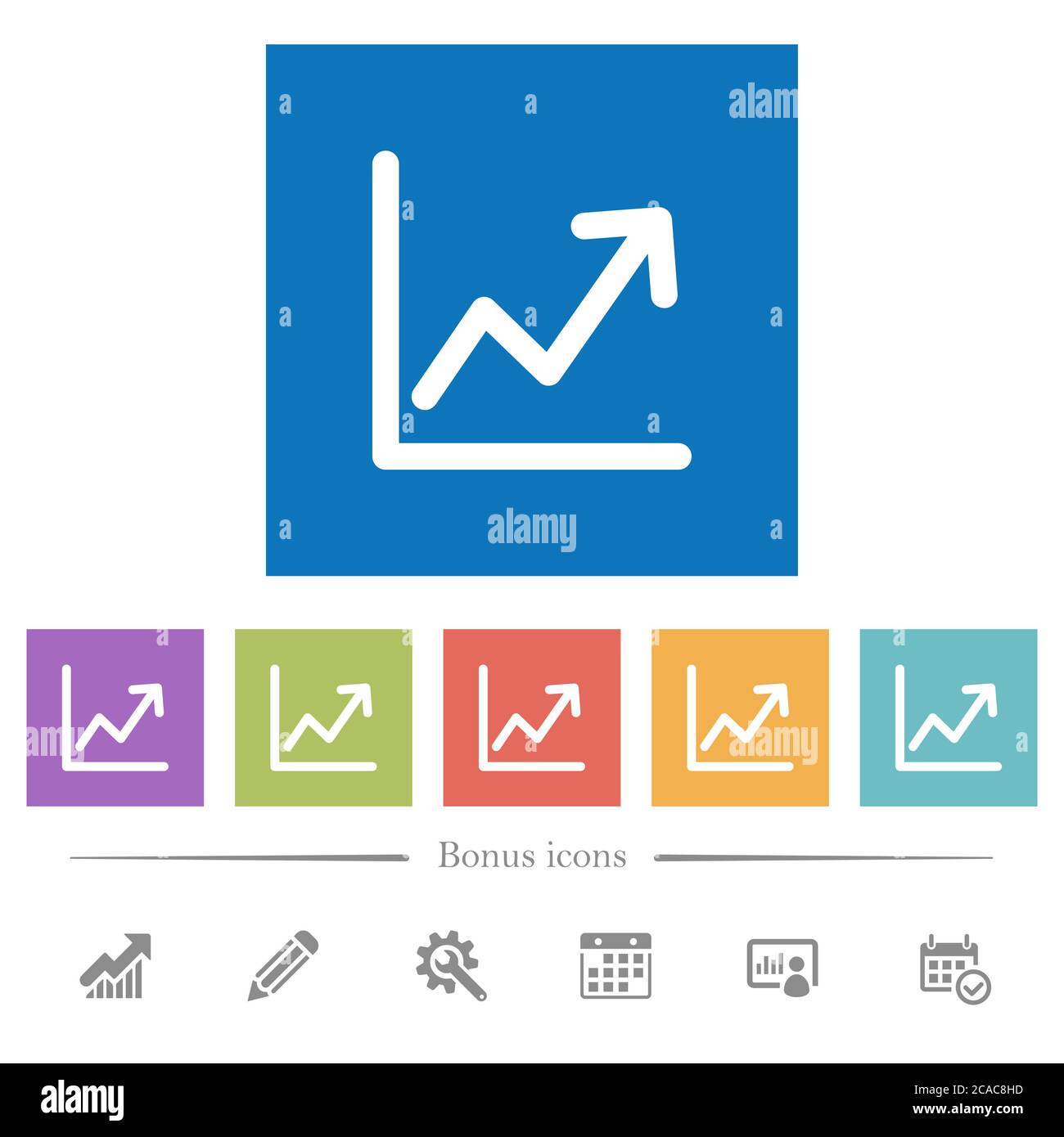Line graph flat white icons in square backgrounds. 6 bonus icons ...
