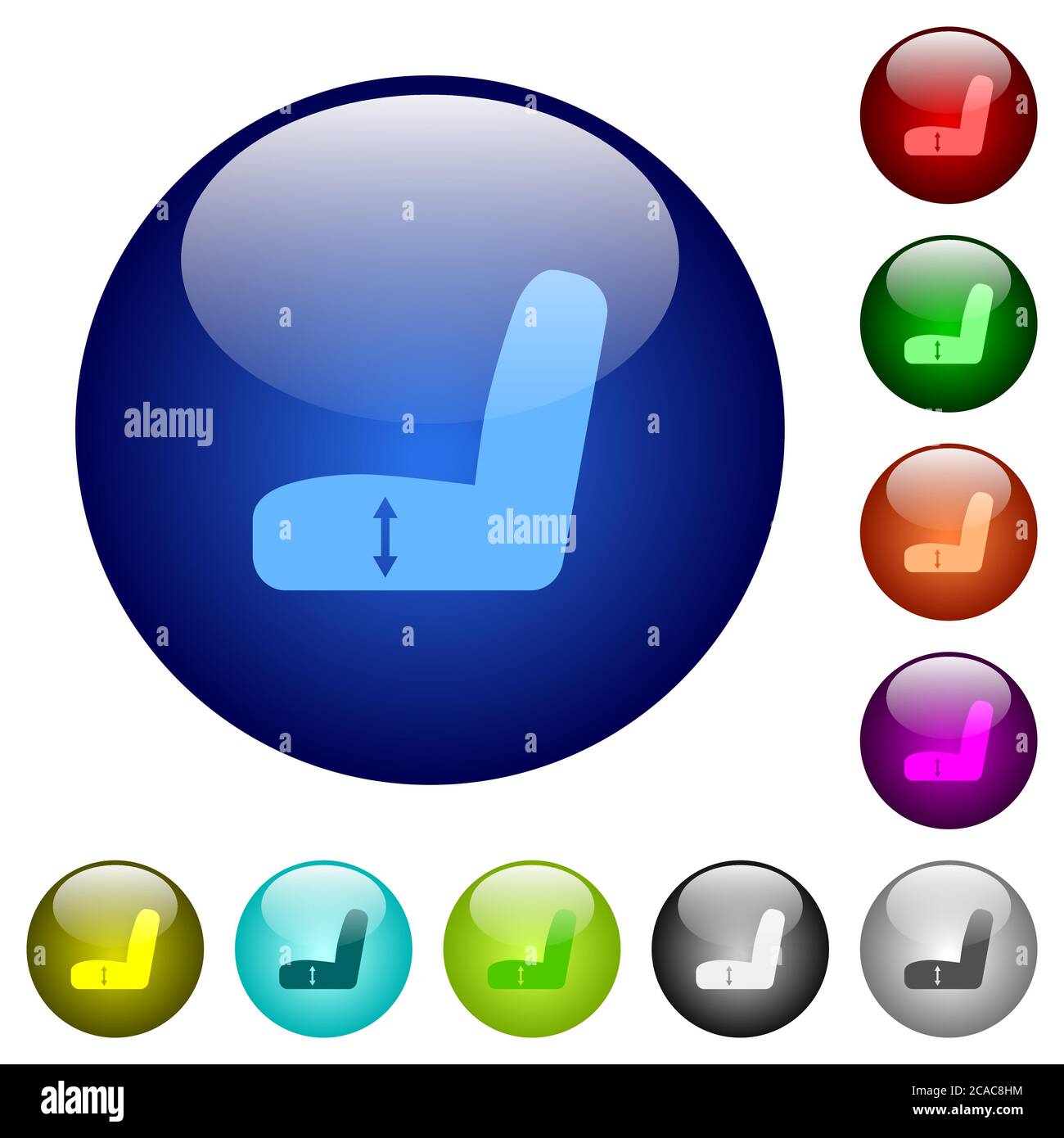 Car seat adjustment icons on round glass buttons in multiple colors ...