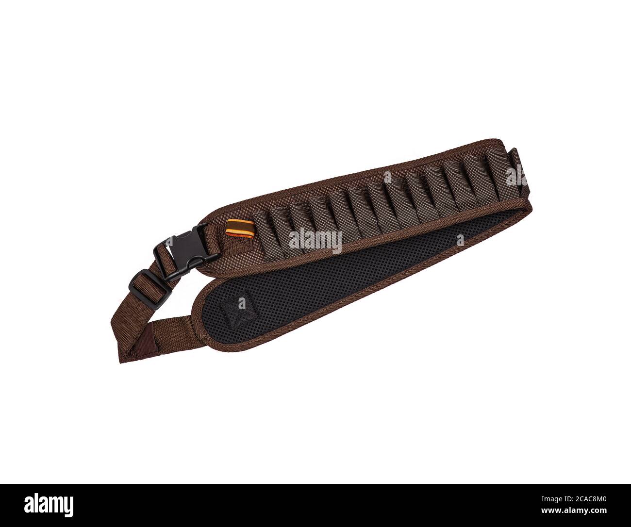 Modern bandolier for cartridges of 12 calibers isolate on a white ...