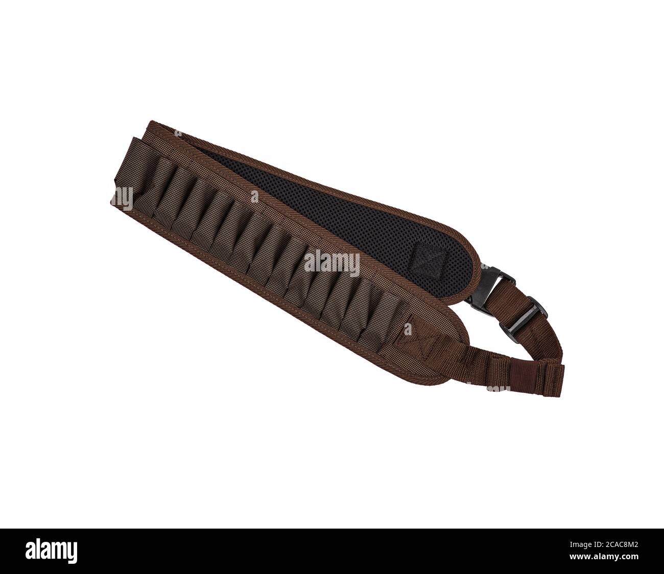 Modern bandolier for cartridges of 12 calibers isolate on a white ...