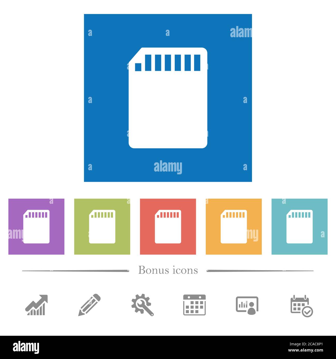 SD memory card flat white icons in square backgrounds. 6 bonus icons ...