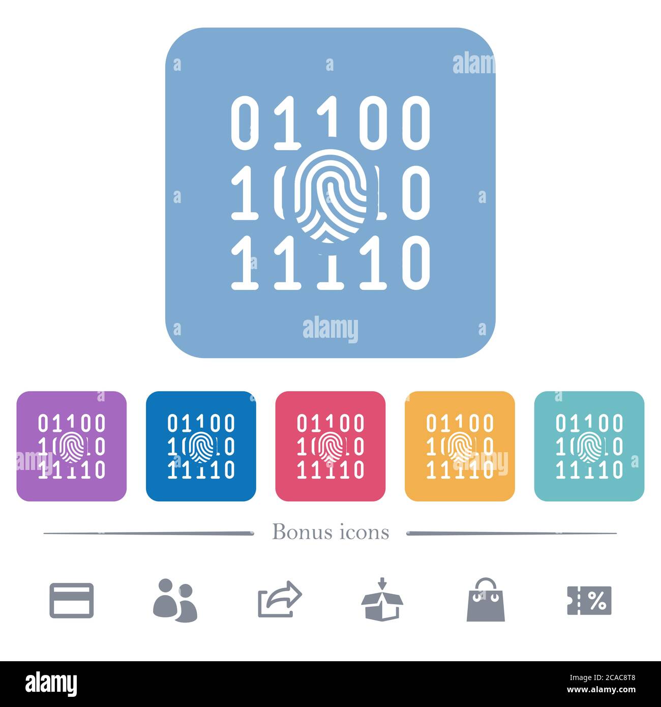 Digital fingerprint flat white icons in square backgrounds. 6 bonus ...