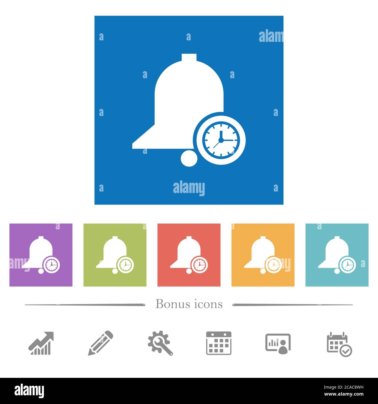 Reminder time flat white icons in square backgrounds. 6 bonus icons ...