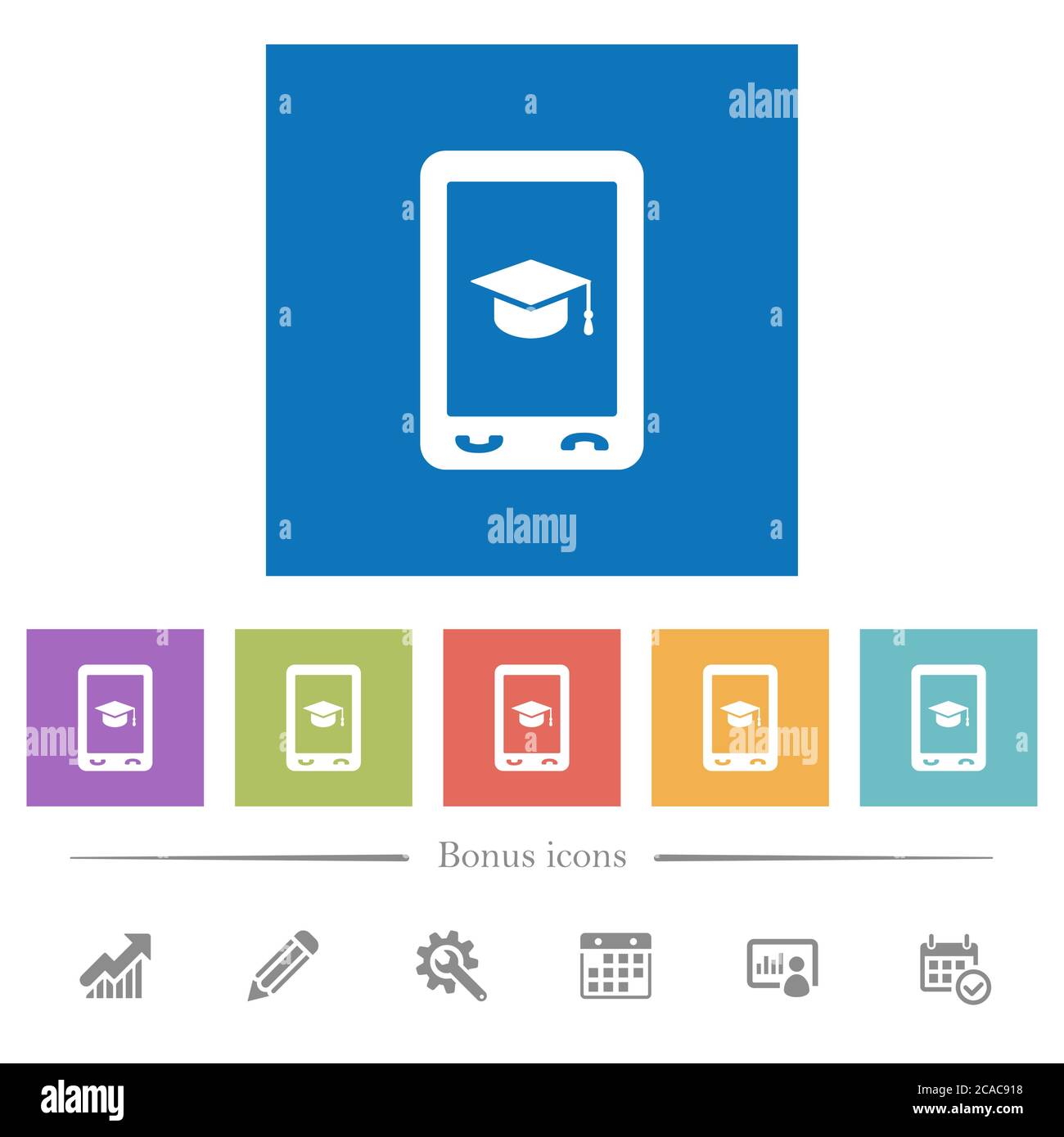 Mobile learning flat white icons in square backgrounds. 6 bonus icons ...