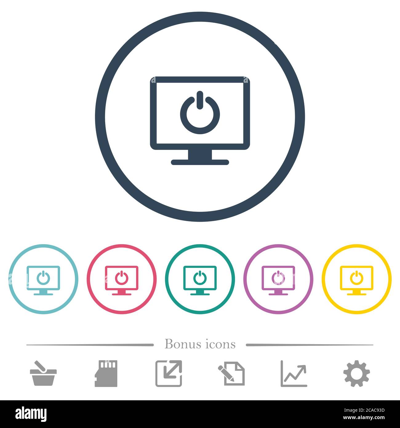 Display standby mode flat color icons in round outlines. 6 bonus icons ...