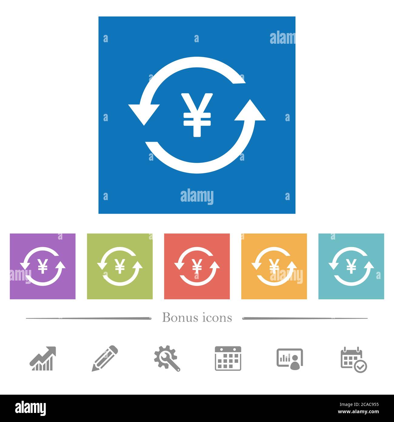 Yen pay back flat white icons in square backgrounds. 6 bonus icons ...