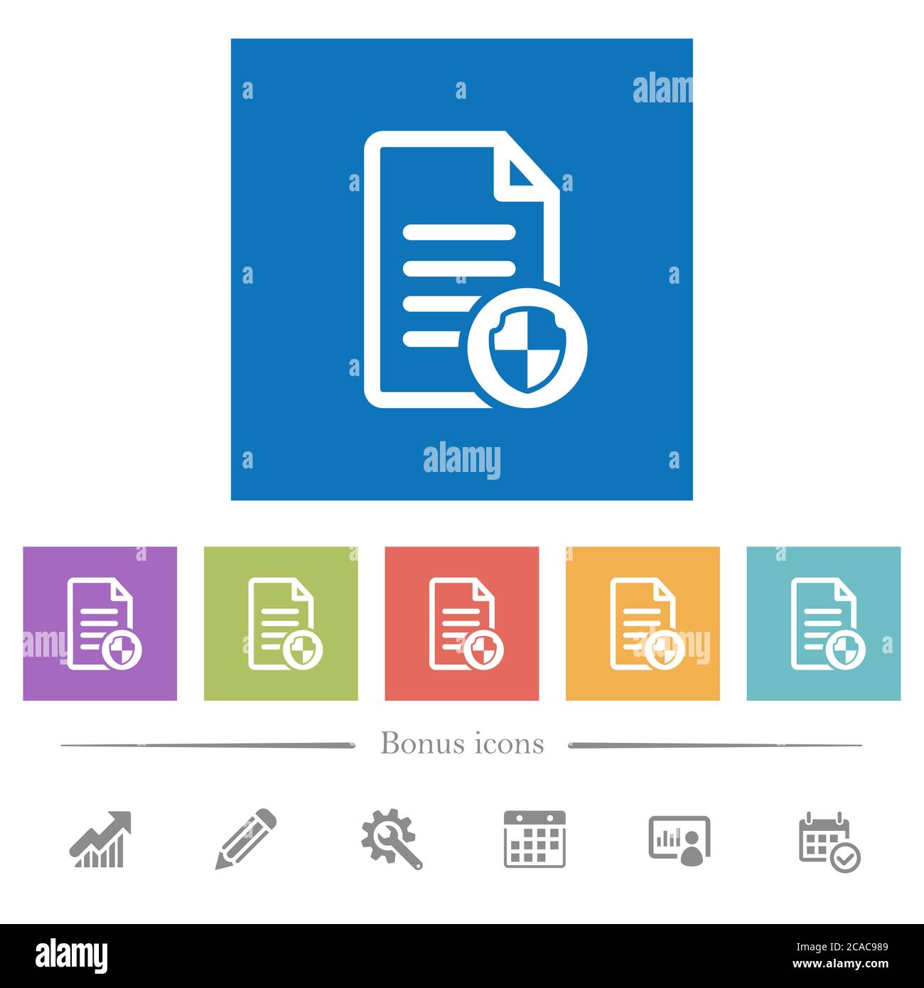 Document protect flat white icons in square backgrounds. 6 bonus icons ...